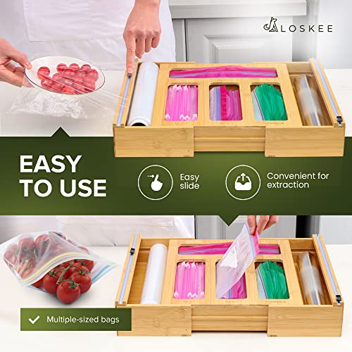 LOSKEE Ziplock Bag Organizer and Plastic Wrap Dispenser with Cutter, 6 IN 1 Expandable Bamboo Foil and Plastic Wrap Organizer for Kitchen Drawer, Ziplock Bag Storage Organizer for Gallon, Quart, Sandwich, and Snack Bags