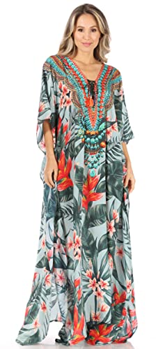Sakkas AH62 - Milanna Women's V Neck Short Sleeve Vibrant Print Caftan Dress Cover-up - Print-1 - OS