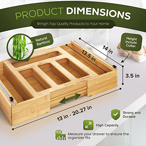 LOSKEE Ziplock Bag Organizer and Plastic Wrap Dispenser with Cutter, 6 IN 1 Expandable Bamboo Foil and Plastic Wrap Organizer for Kitchen Drawer, Ziplock Bag Storage Organizer for Gallon, Quart, Sandwich, and Snack Bags