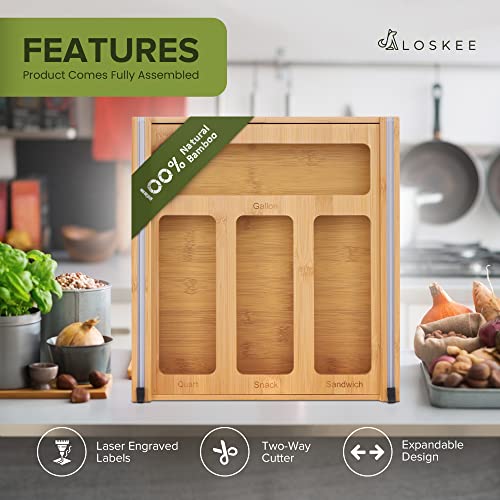 LOSKEE Ziplock Bag Organizer and Plastic Wrap Dispenser with Cutter, 6 IN 1 Expandable Bamboo Foil and Plastic Wrap Organizer for Kitchen Drawer, Ziplock Bag Storage Organizer for Gallon, Quart, Sandwich, and Snack Bags