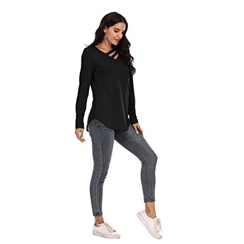 Davenil Women's Long Sleeve Shirts V-Neck Loose Tunic Tops Irregular Hem Casual T-Shirt Black Size XL