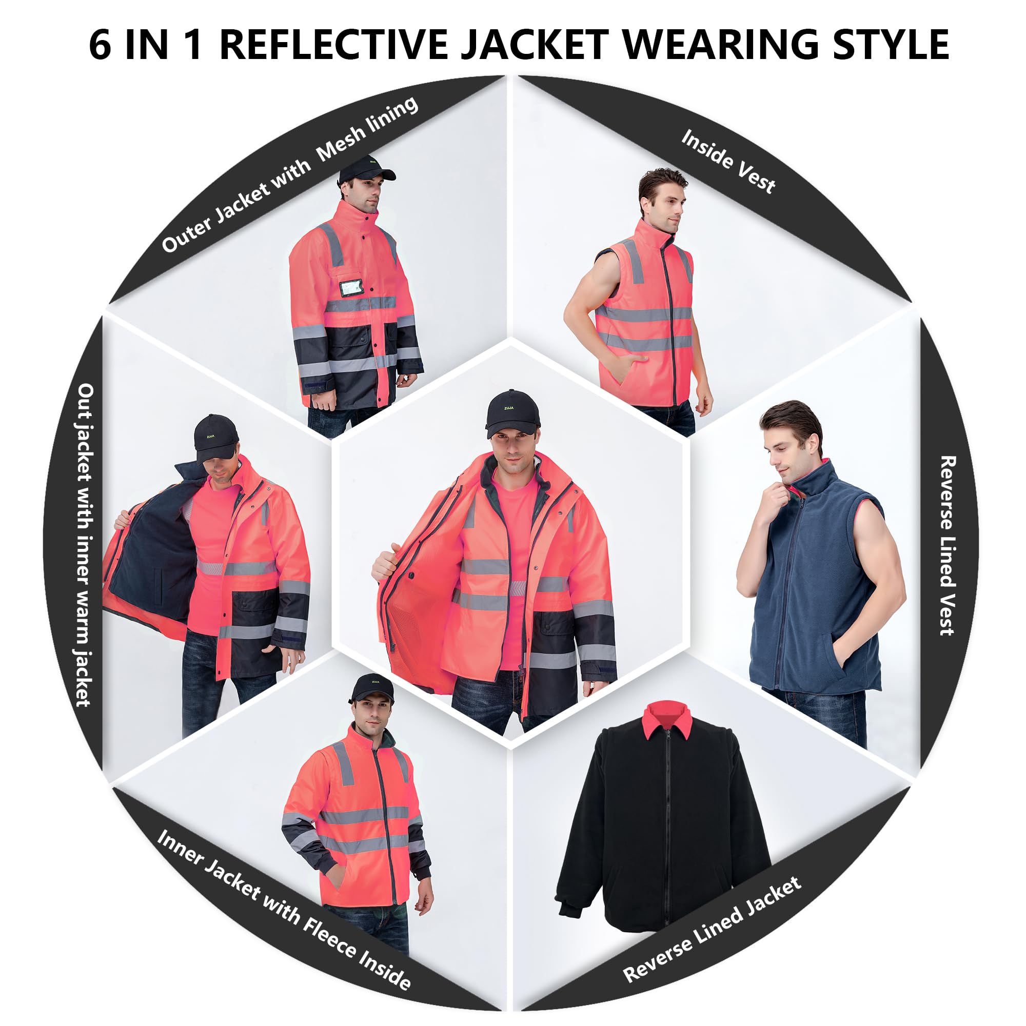 SMASYS Safety High Visibility Oxford 6 in 1 Reflective Jacket Insulated Parka, ANSI Class 3, Construction Protective Workwear