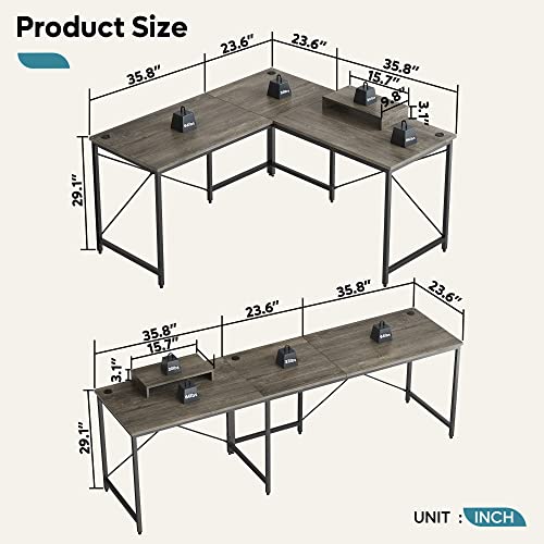 Bestier L Shaped Desk 95.2 Inch 2 Person Long Desk or Reversible Corner Computer Desk for Home Office Large Craft Table U Shaped Gaming Workstation with Monitor Stand & 3 Cable Holes, Gray
