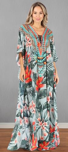 Sakkas AH62 - Milanna Women's V Neck Short Sleeve Vibrant Print Caftan Dress Cover-up - Print-1 - OS