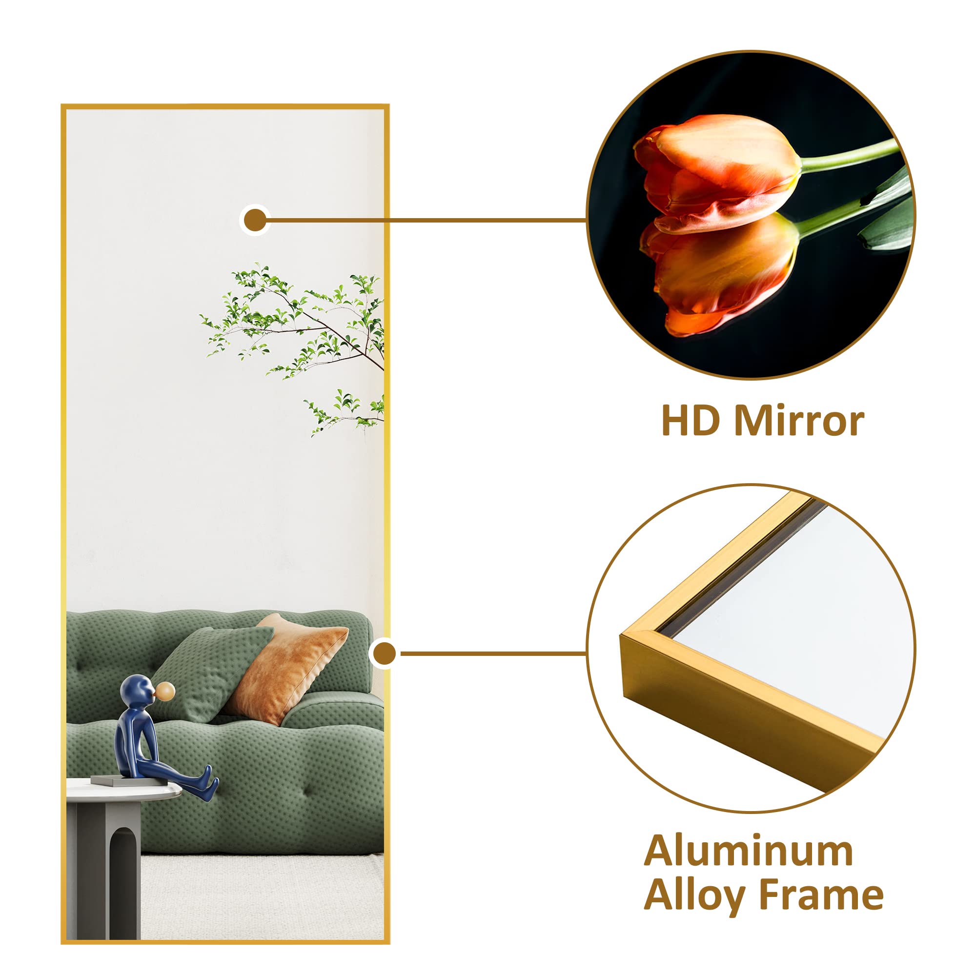 self Full Length Floor Mirror 43"x16" Large Rectangle Wall Mirror Hanging or Leaning Against Wall for Bedroom, Dressing and Wall-Mounted Thin Frame Mirror - Gold, 43" x 16" (USAM004)
