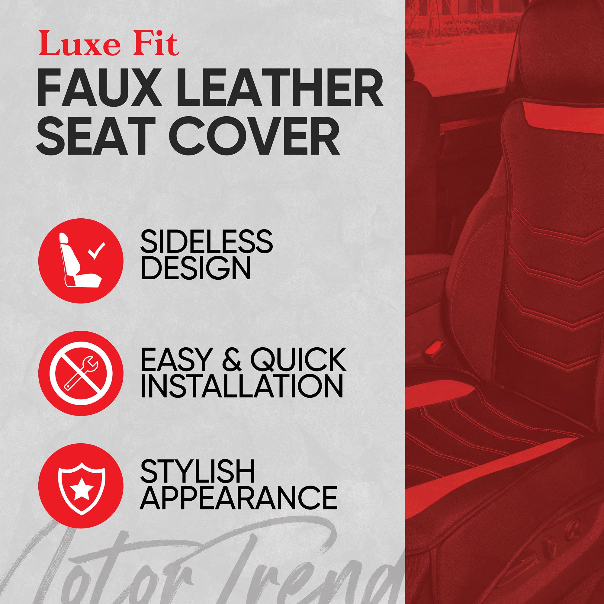 Motor Trend LuxeFit Gray Seat Cover for Cars Trucks Van SUV (1 Piece), Premium Faux Leather Car Seat Cover, Easy to Install Automotive Seat Cover with Storage Pockets, Fits Most Vehicles