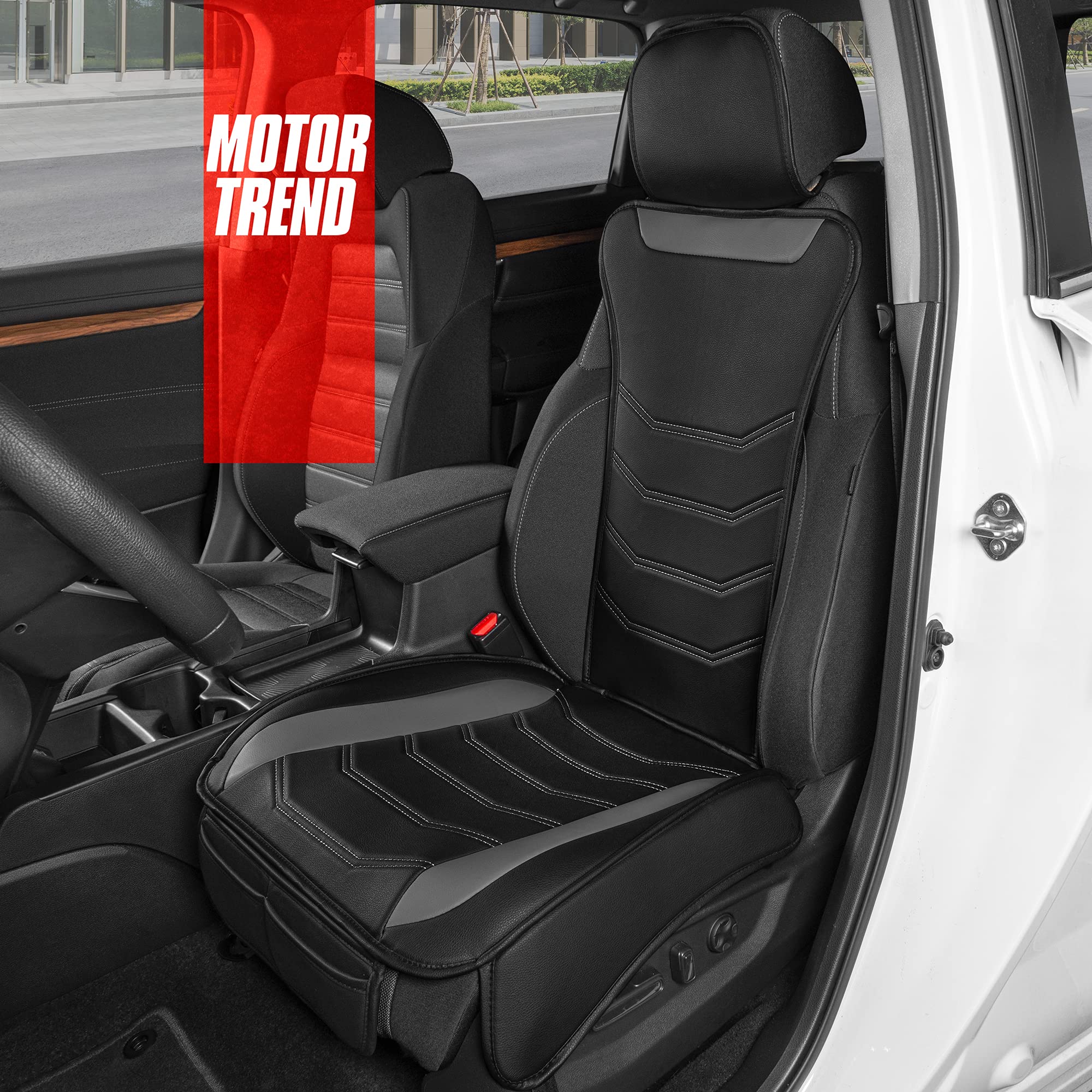 Motor Trend LuxeFit Gray Seat Cover for Cars Trucks Van SUV (1 Piece), Premium Faux Leather Car Seat Cover, Easy to Install Automotive Seat Cover with Storage Pockets, Fits Most Vehicles