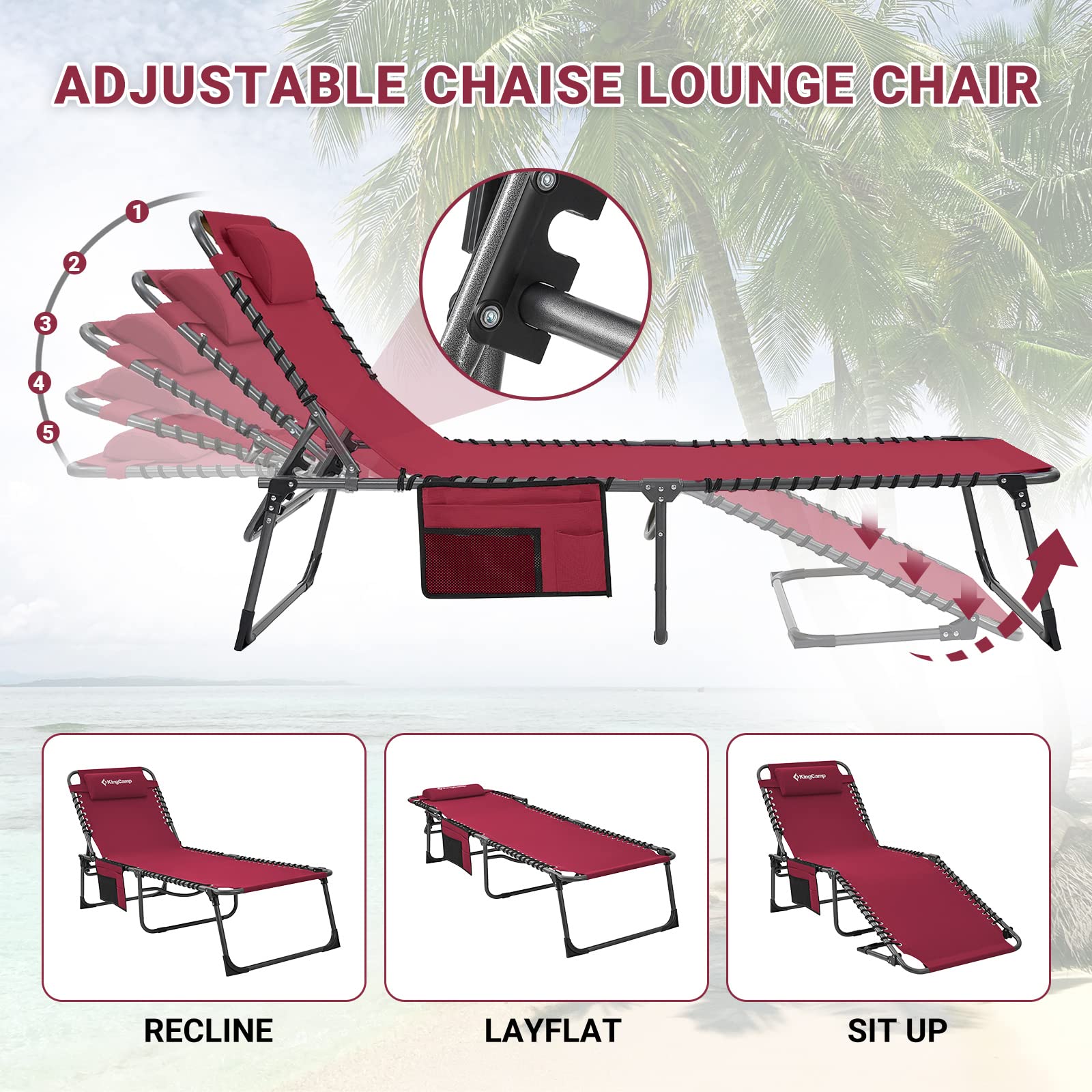 KingCamp Folding Outdoor Chaise Lounge Chair, 5-Position Adjustable for Beach, Sunbathing, Patio, Pool, Lawn, Lay Flat Portable Heavy-Duty Camping Reclining Chair with Shoulder Strap Side Pocket, Wine