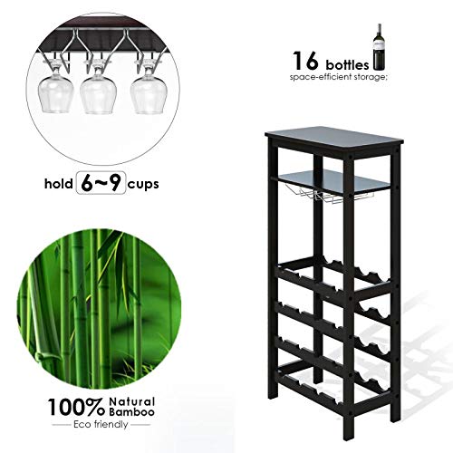 URFORESTIC Bamboo Wine Rack Free Standing Wine Holder Display Shelves with Glass Holder Rack, 16 Bottles Stackable Capacity for Home Kitchen