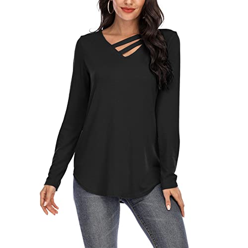 Davenil Women's Long Sleeve Shirts V-Neck Loose Tunic Tops Irregular Hem Casual T-Shirt Black Size XL