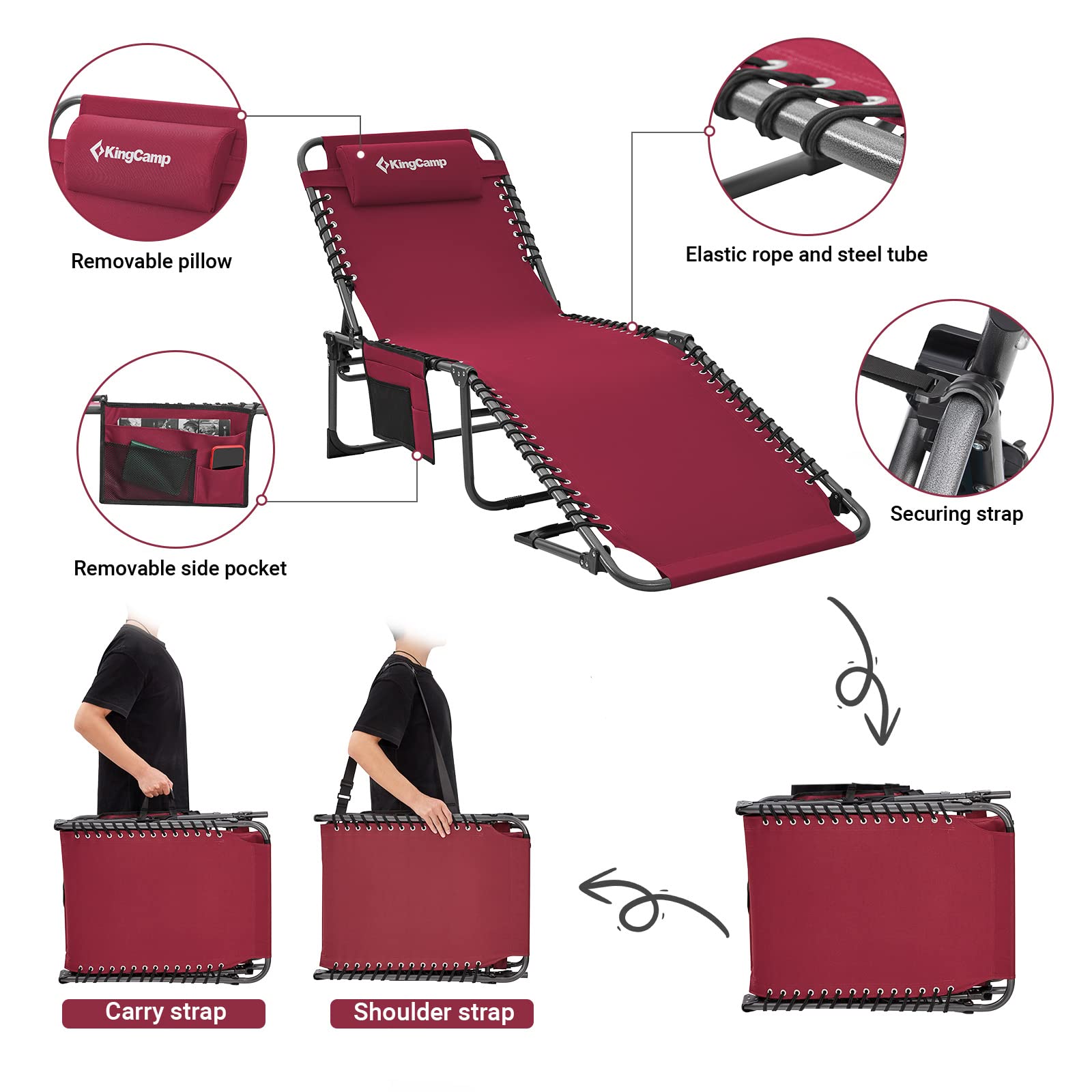 KingCamp Folding Outdoor Chaise Lounge Chair, 5-Position Adjustable for Beach, Sunbathing, Patio, Pool, Lawn, Lay Flat Portable Heavy-Duty Camping Reclining Chair with Shoulder Strap Side Pocket, Wine
