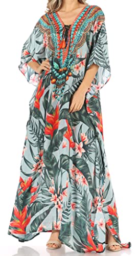 Sakkas AH62 - Milanna Women's V Neck Short Sleeve Vibrant Print Caftan Dress Cover-up - Print-1 - OS