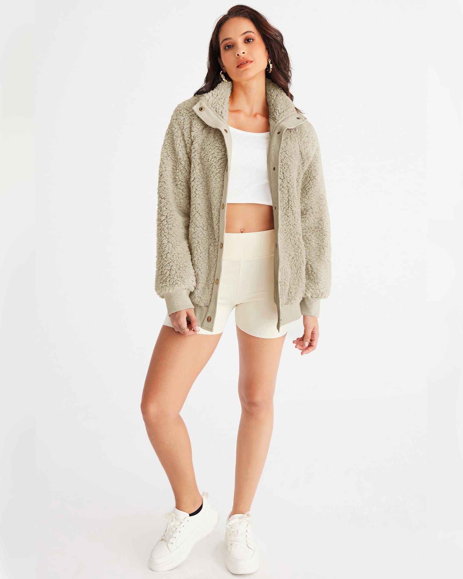 MEROKEETY Women's 2024 Winter Long Sleeve Button Sherpa Jacket Coat Casual Warm Fleece