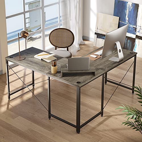 Bestier L Shaped Desk 95.2 Inch 2 Person Long Desk or Reversible Corner Computer Desk for Home Office Large Craft Table U Shaped Gaming Workstation with Monitor Stand & 3 Cable Holes, Gray