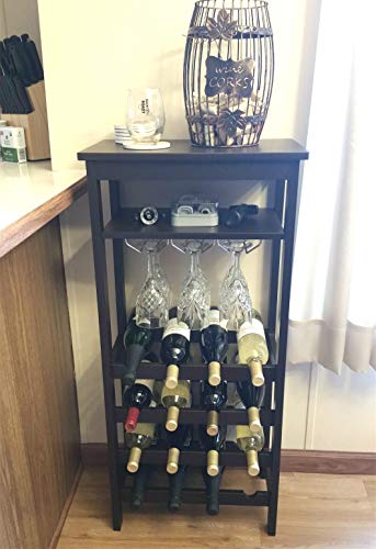 URFORESTIC Bamboo Wine Rack Free Standing Wine Holder Display Shelves with Glass Holder Rack, 16 Bottles Stackable Capacity for Home Kitchen