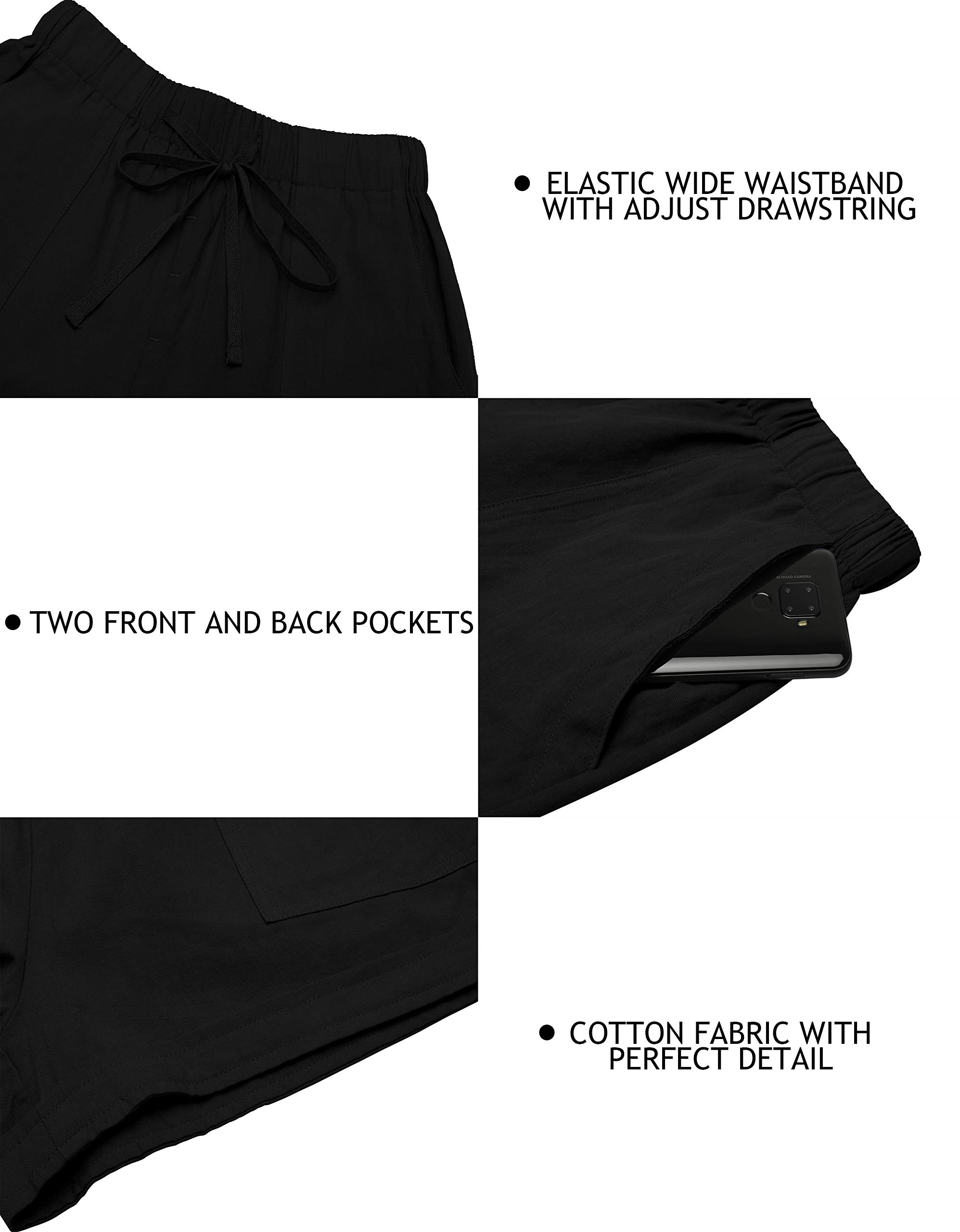 KISSMODA Women's Elastic Waist Shorts Comfy Summer Wide Leg Pockets Pull On Linen Black Shorts with Drawstring