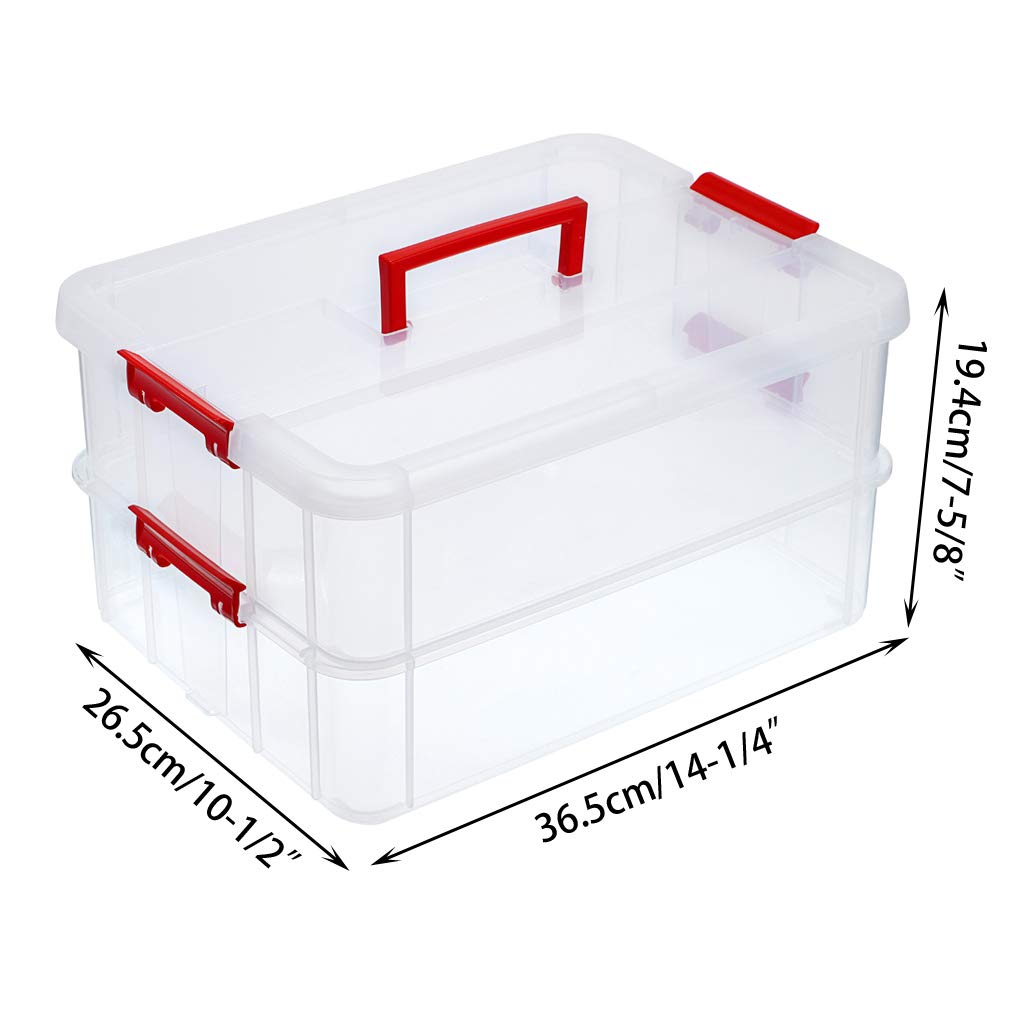 BTSKY 2 Layer Stack & Carry Box, Plastic Multipurpose Portable Storage Container Box Handled Organizer Storage Box for Organizing Stationery, Sewing, Art Craft, Jewelry and Beauty Supplies(Red)