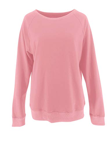 PRETTODAY Women's Casual Crew Neck Sweatshirts Raglan Long Sleeve Solid Tunic Tops Loose Pullovers Pink
