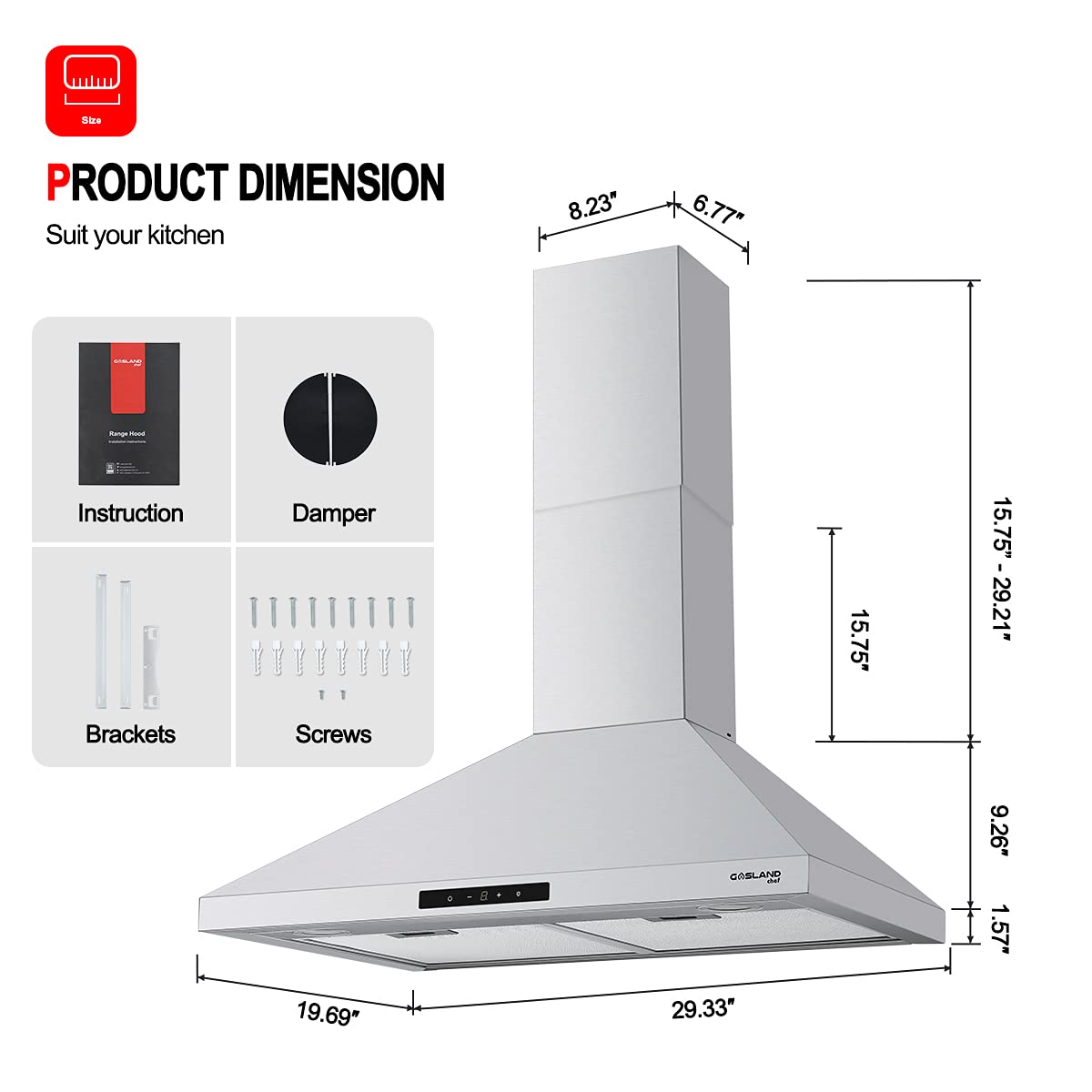 30 inch Range Hood, GASLAND Chef PR30SSN Wall Mount Vent Hood Stainless Steel, Ducted Stove Hood with Sensor Touch Control, Convertible Chimney-Style, LED Lights, Aluminum Mesh Filters