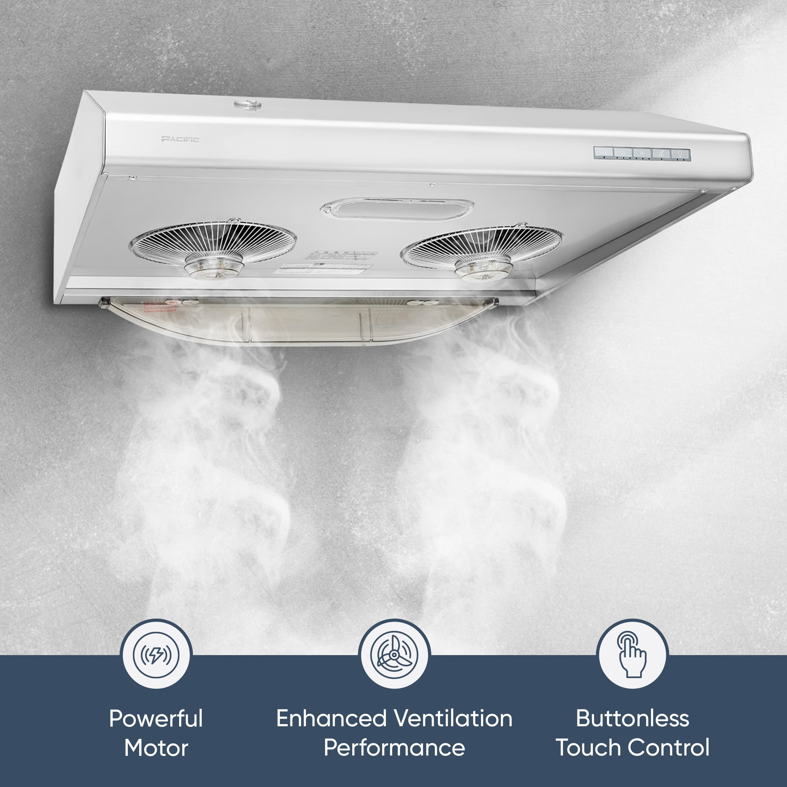 Pacific Auto Clean Under Cabinet Ducted Range Hood 36" - 900 CFM Powerful Kitchen Vent Hood - Electric Stainless Steel, Ultra Quiet, Touch Control, Filterless, LED Lights, Auto Cleaning AC3036BS