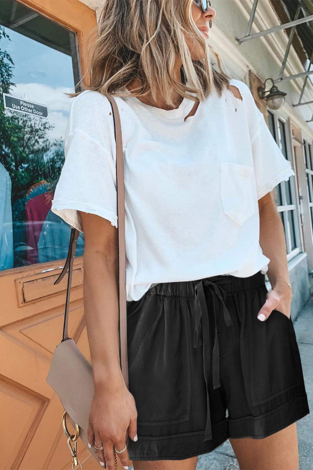 KISSMODA Women's Elastic Waist Shorts Comfy Summer Wide Leg Pockets Pull On Linen Black Shorts with Drawstring