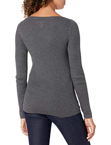 Amazon Essentials Women's Lightweight Ribbed Long-Sleeve Boat Neck Slim-Fit Sweater, Charcoal Heather, Medium