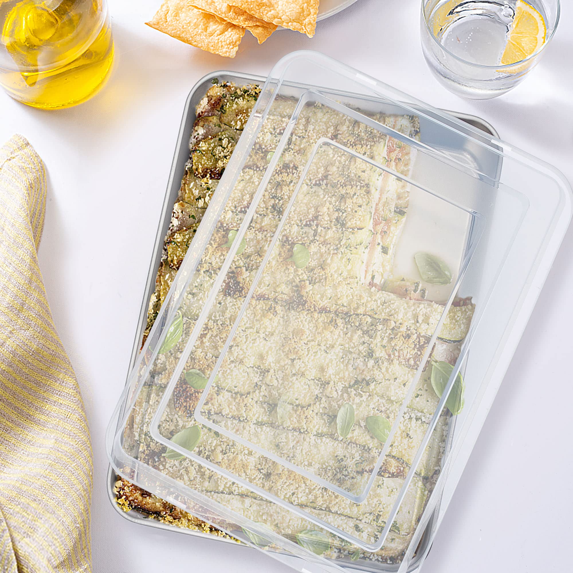 TeamFar Lasagna Pan, 12⅖’’ x 9¾’’ x 2’’ Stainless Steel Rectangular Cake Brownie Baking Pan with Lid, Non-Toxic & Heavy Duty, Brush Surface & Deep Side, Dishwasher Safe-2 Pans+2 Lids