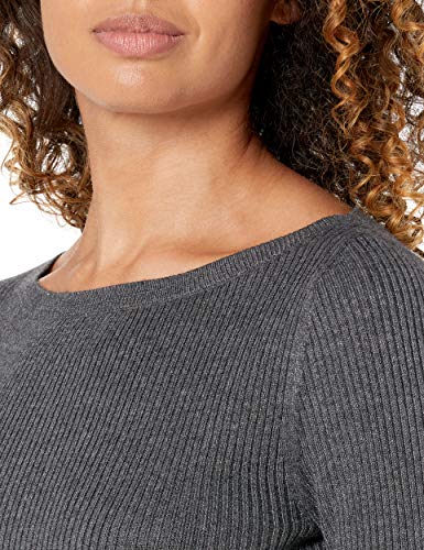 Amazon Essentials Women's Lightweight Ribbed Long-Sleeve Boat Neck Slim-Fit Sweater, Charcoal Heather, Medium