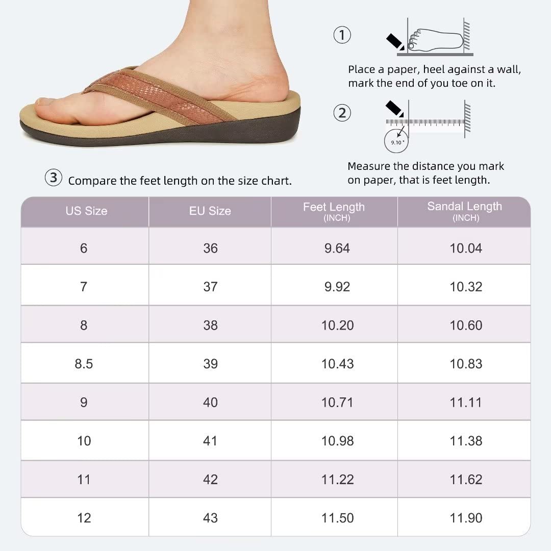 MEGNYA Diabetic Supportive Flip Flops for Women, Best Orthotic Sandals for Flat Feet/High Arch, Athletic Thong Style Sandals for Outdoor Activities Coffee Size 9