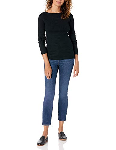 Amazon Essentials Women's Lightweight Ribbed Long-Sleeve Boat Neck Slim-Fit Sweater, Black, Small