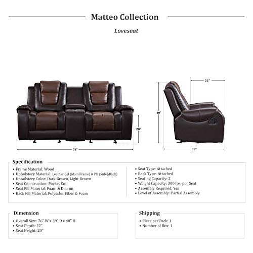 Lexicon Home Theater Seating, Manual Gliding Reclining Loveseat with Center Console, Cup Holders, 2-Seat Dual Loveseat Recliner for Living Room, Two-Tone Brown