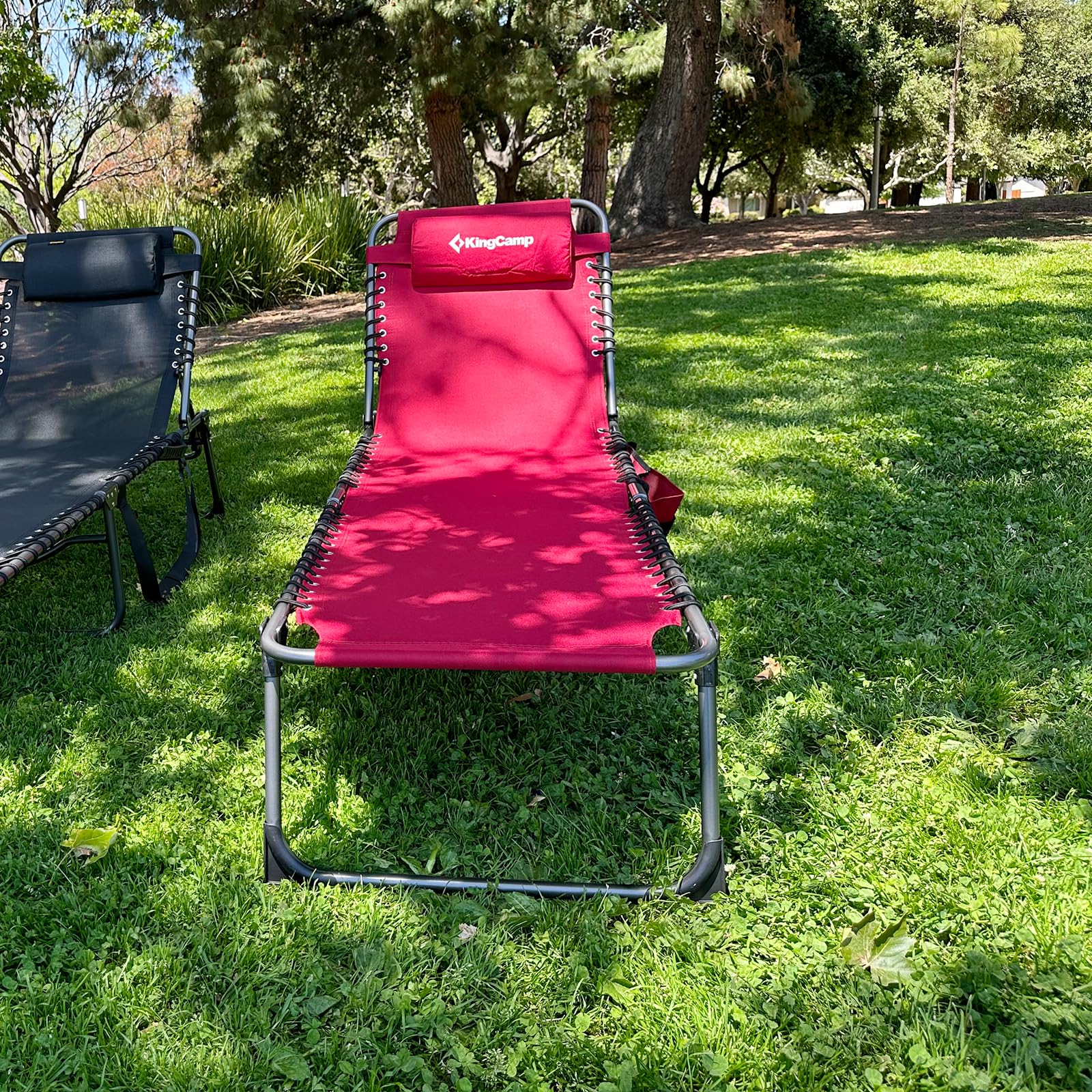KingCamp Folding Outdoor Chaise Lounge Chair, 5-Position Adjustable for Beach, Sunbathing, Patio, Pool, Lawn, Lay Flat Portable Heavy-Duty Camping Reclining Chair with Shoulder Strap Side Pocket, Wine