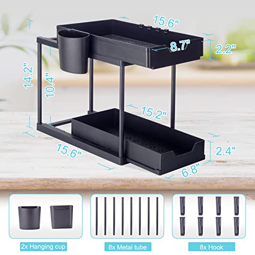 VerkTop Under Sink Organizer, 2-Tier Sliding Under Bathroom Cabinet Storage Drawer Organizer with Hooks,Hanging Cup,Multi-purpose Under Sink Shelf Organizer for Bathroom Kitchen(2pcs)