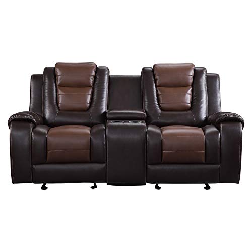 Lexicon Home Theater Seating, Manual Gliding Reclining Loveseat with Center Console, Cup Holders, 2-Seat Dual Loveseat Recliner for Living Room, Two-Tone Brown