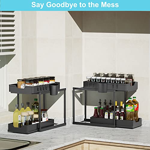 VerkTop Under Sink Organizer, 2-Tier Sliding Under Bathroom Cabinet Storage Drawer Organizer with Hooks,Hanging Cup,Multi-purpose Under Sink Shelf Organizer for Bathroom Kitchen(2pcs)