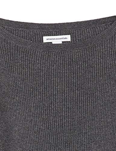 Amazon Essentials Women's Lightweight Ribbed Long-Sleeve Boat Neck Slim-Fit Sweater, Charcoal Heather, Medium