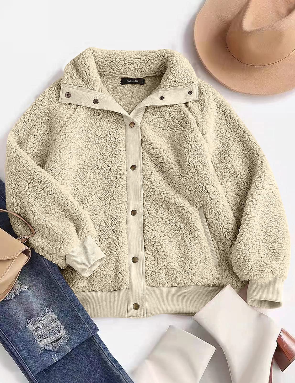 MEROKEETY Women's 2024 Winter Long Sleeve Button Sherpa Jacket Coat Casual Warm Fleece