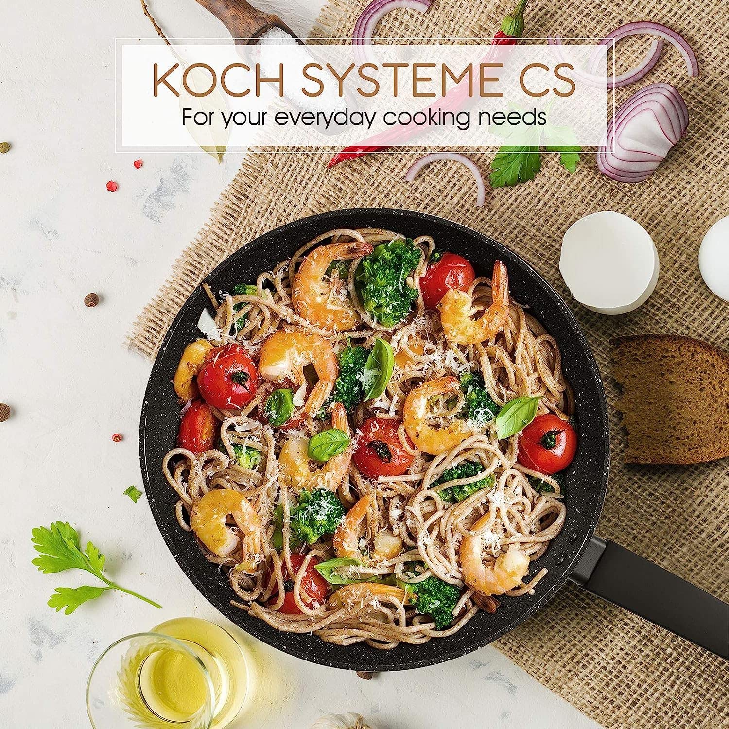 KOCH SYSTEME CS CSK 11+12in Nonstick Frying Pan Sets With Glass Lids-Cookware Sets With Stone-Derived Ultra Nonstick Coating,100% PFOA&APEO Free,Induction Available Frying Skillets,Wok Pans,4PC,Black