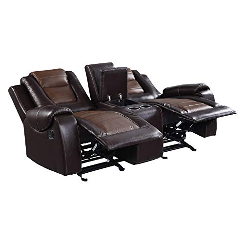 Lexicon Home Theater Seating, Manual Gliding Reclining Loveseat with Center Console, Cup Holders, 2-Seat Dual Loveseat Recliner for Living Room, Two-Tone Brown