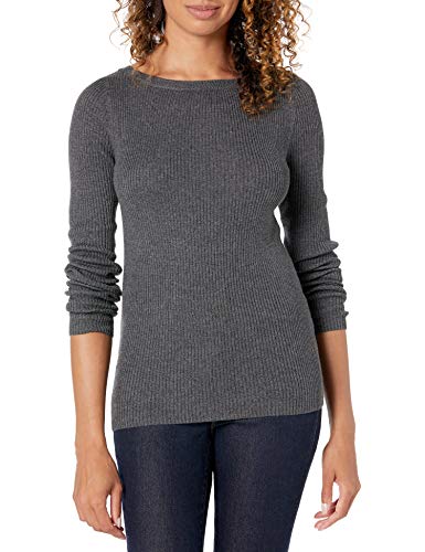 Amazon Essentials Women's Lightweight Ribbed Long-Sleeve Boat Neck Slim-Fit Sweater, Charcoal Heather, Medium