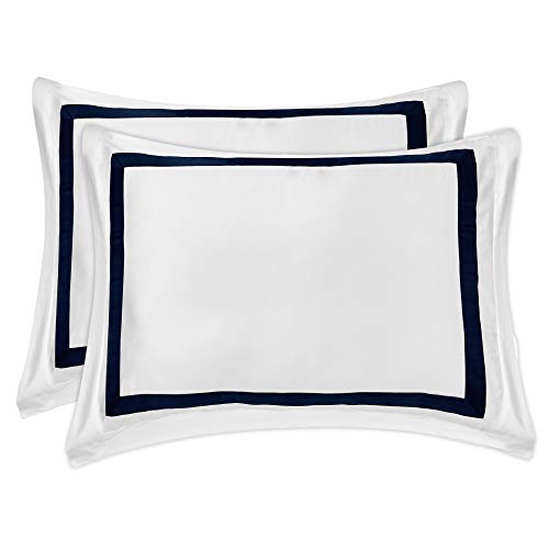 Bioweaves 100% Organic Cotton Banded Pillow Shams Soft Sateen Weave GOTS Certified – Standard/Queen Size, Set of 2, White & Navy