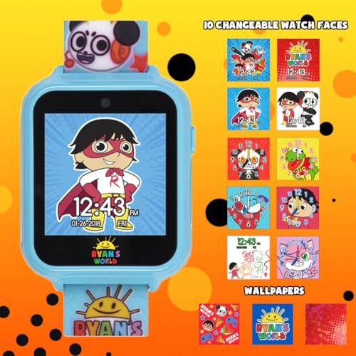 Ryan’s World Interactive Kids Smartwatch - 10 Fun Watch Faces, Built-in Games, Camera, Alarm, Stopwatch, Calculator, Step Counter & More - Perfect for Boys and Girls - Fits Wrists 5.5'' to 8.0"