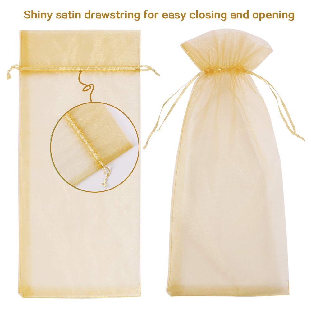 HRX Package 30pcs Organza Wine Bags, Sheer Mesh Bottle Gift Pouches Wine Covers Dresses with Drawstring for Christmas (Gold)