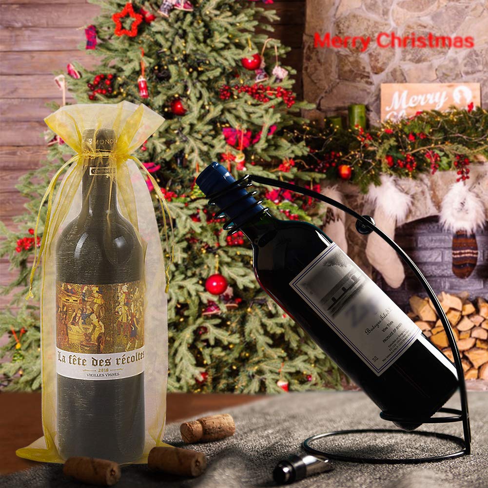 HRX Package 30pcs Organza Wine Bags, Sheer Mesh Bottle Gift Pouches Wine Covers Dresses with Drawstring for Christmas (Gold)