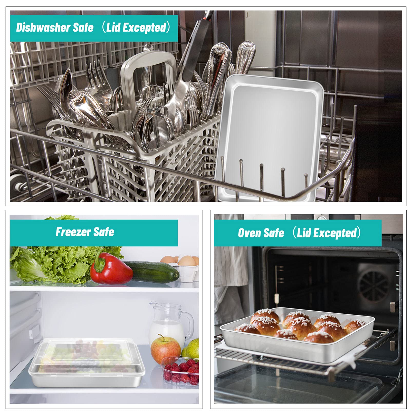 TeamFar Lasagna Pan, 12⅖’’ x 9¾’’ x 2’’ Stainless Steel Rectangular Cake Brownie Baking Pan with Lid, Non-Toxic & Heavy Duty, Brush Surface & Deep Side, Dishwasher Safe-2 Pans+2 Lids