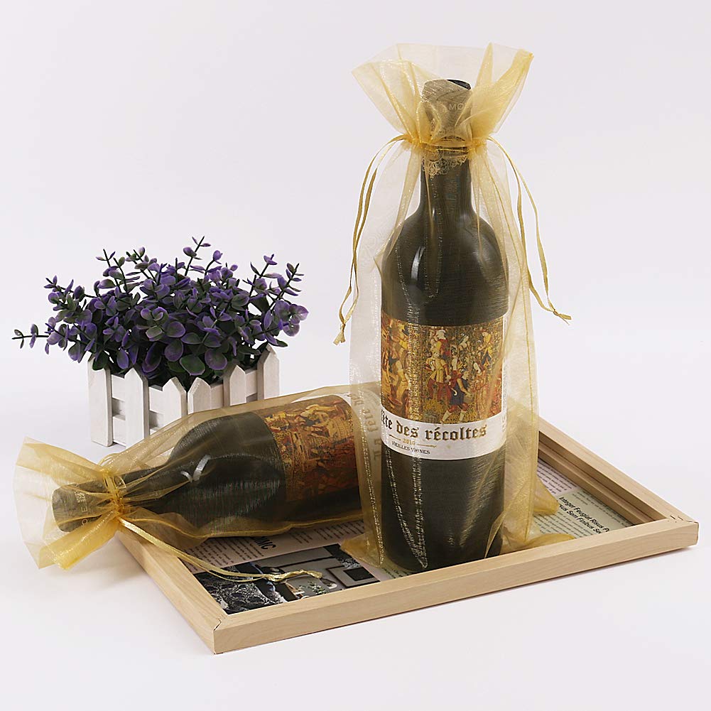 HRX Package 30pcs Organza Wine Bags, Sheer Mesh Bottle Gift Pouches Wine Covers Dresses with Drawstring for Christmas (Gold)