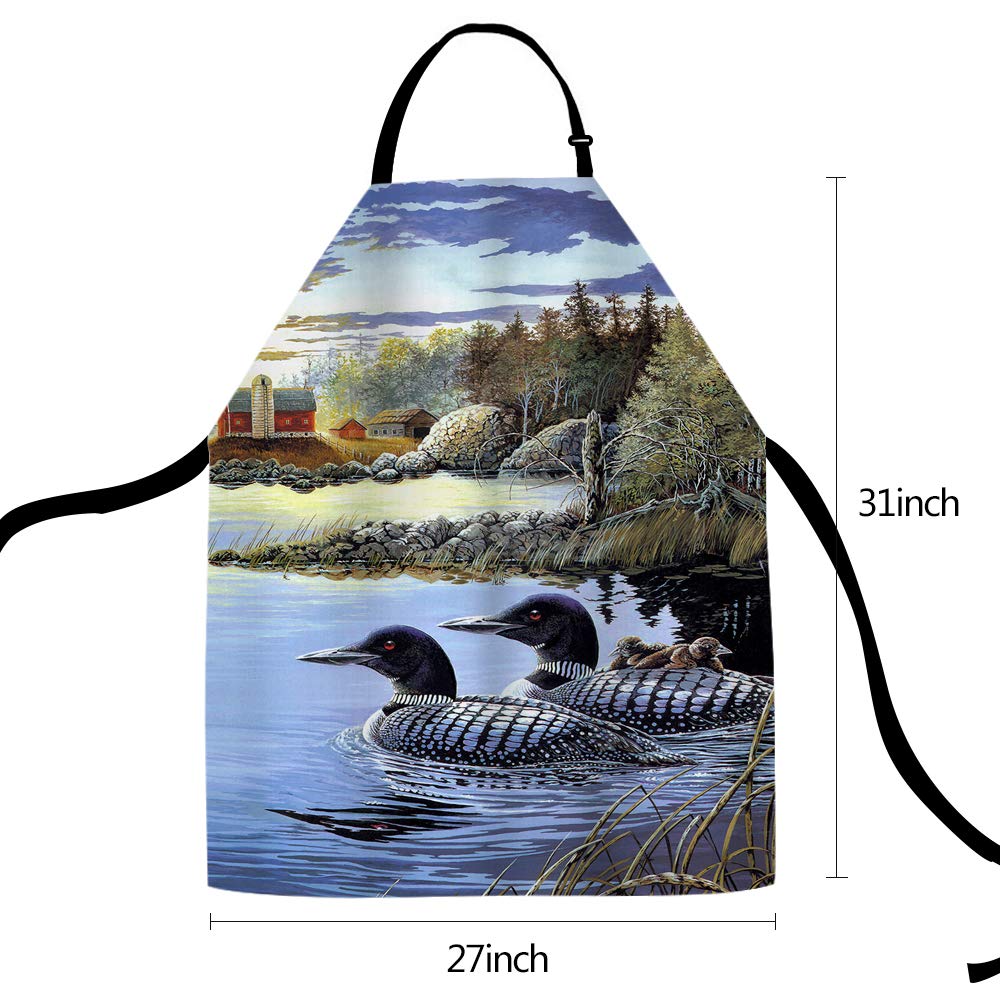 SSOIU Duck Cooking Apron, Art Desgin Loon Lake Wild Duck Couple Kitchen Apron For Baking/BBQ Men Women Unisex Waterproof 31X27 Inches