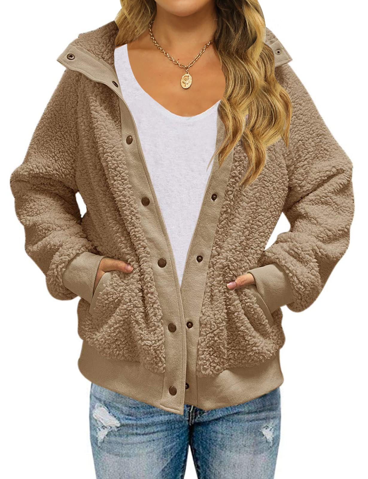 MEROKEETY Women's 2024 Winter Long Sleeve Button Sherpa Jacket Coat Casual Warm Fleece