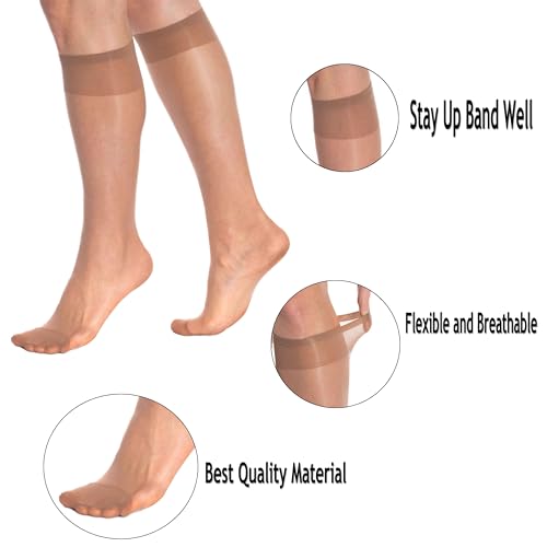AWS/American Made 8 Pairs Sheer Knee High Socks for Women 15 Denier Stay up Band (Bronze)