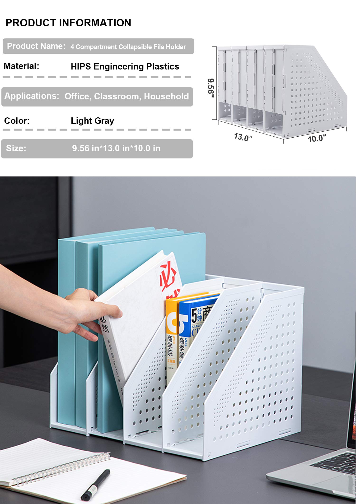 Leven Collapsible Magazine File Holder/Desk Organizer for Office Organization and Storage with 4 Vertical Compartments, Light Grey